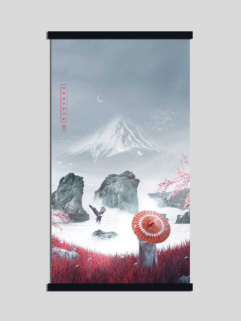 Japanese Woman Holding Umbrella Landscape Wall Scroll | Sensei Touch